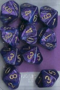 chessex dice sets: lustrous purple with gold - ten sided die d10 set (10)