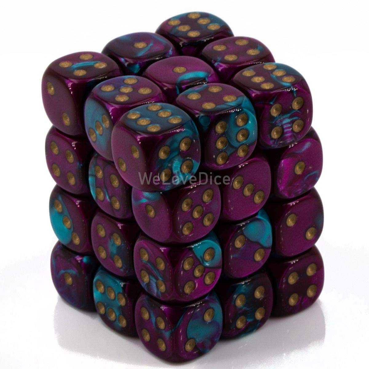 Chessex Dice D6 Sets: Gemini Purple & Teal with Gold - 12Mm Six Sided Die (36) Block of Dice