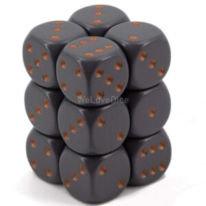 chessex manufacturing 16mm opaque dark grey and copper plastic polyhedral dice set-dungeons and dragons dice includes 12 dice – d6 (chx25620)