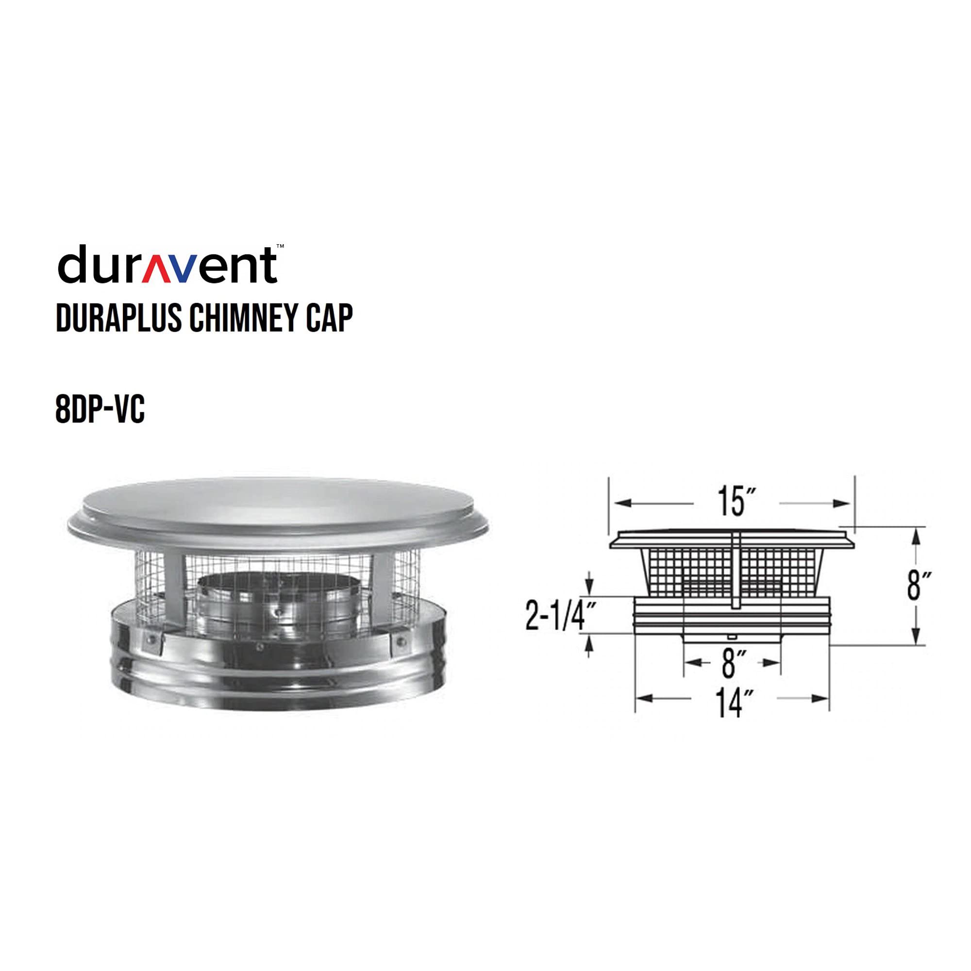 Simpson Duravent 8DP-VC DuraPlus Collection Class-A Chimney Pipe Triple-Wall Chimney Cap with Spark Arrestor, Stainless Steel, Removable Screws, 8" Inner Diameter, 14" Outer Diameter, 8" Height