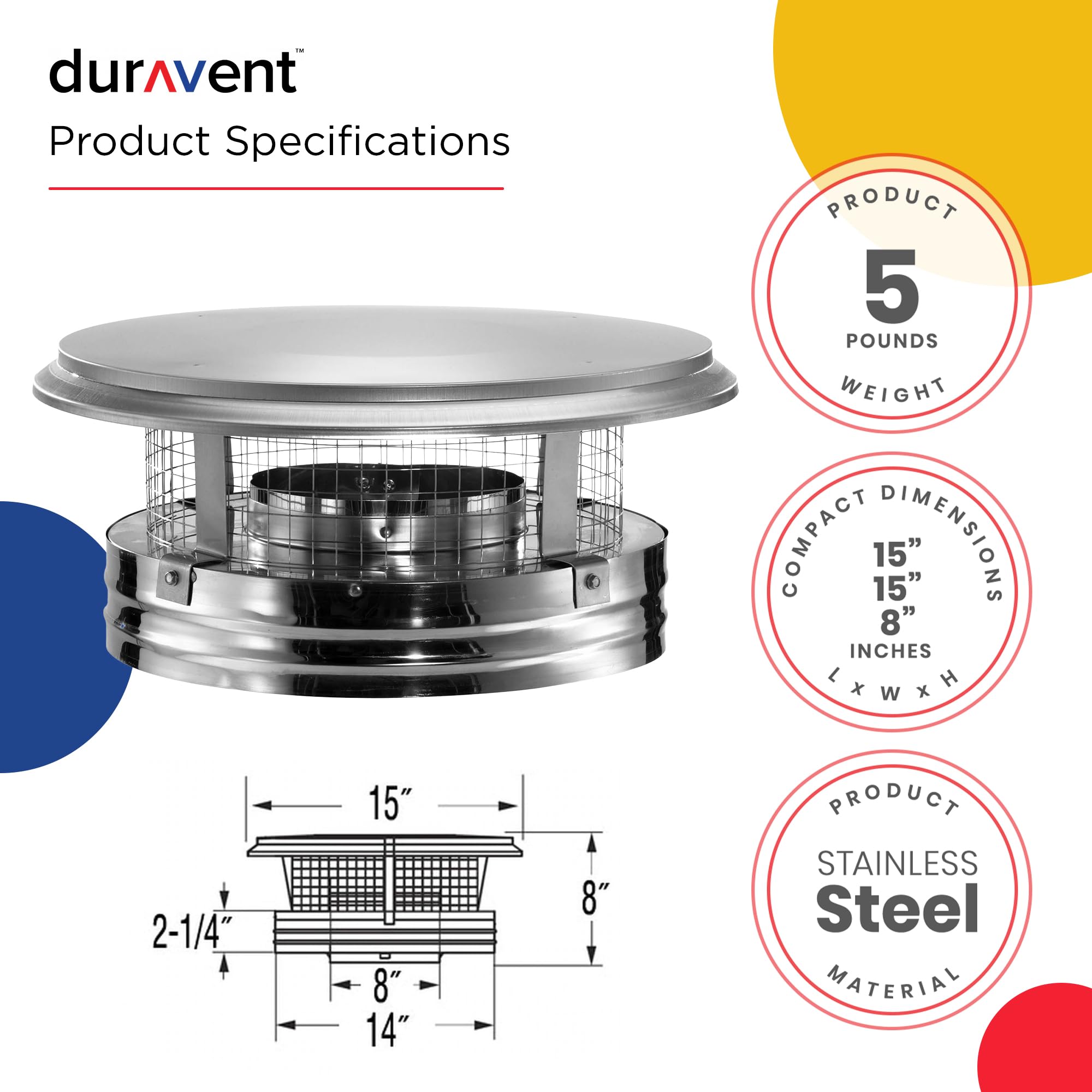 Simpson Duravent 8DP-VC DuraPlus Collection Class-A Chimney Pipe Triple-Wall Chimney Cap with Spark Arrestor, Stainless Steel, Removable Screws, 8" Inner Diameter, 14" Outer Diameter, 8" Height