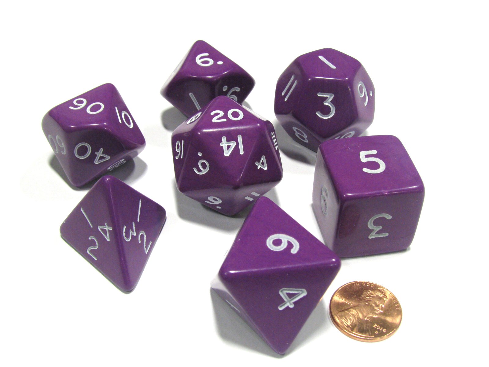 Purple Jumbo Size 7 Pc Polyhedral Dice Set D4, D6, D8, 2xd10, D12, D20