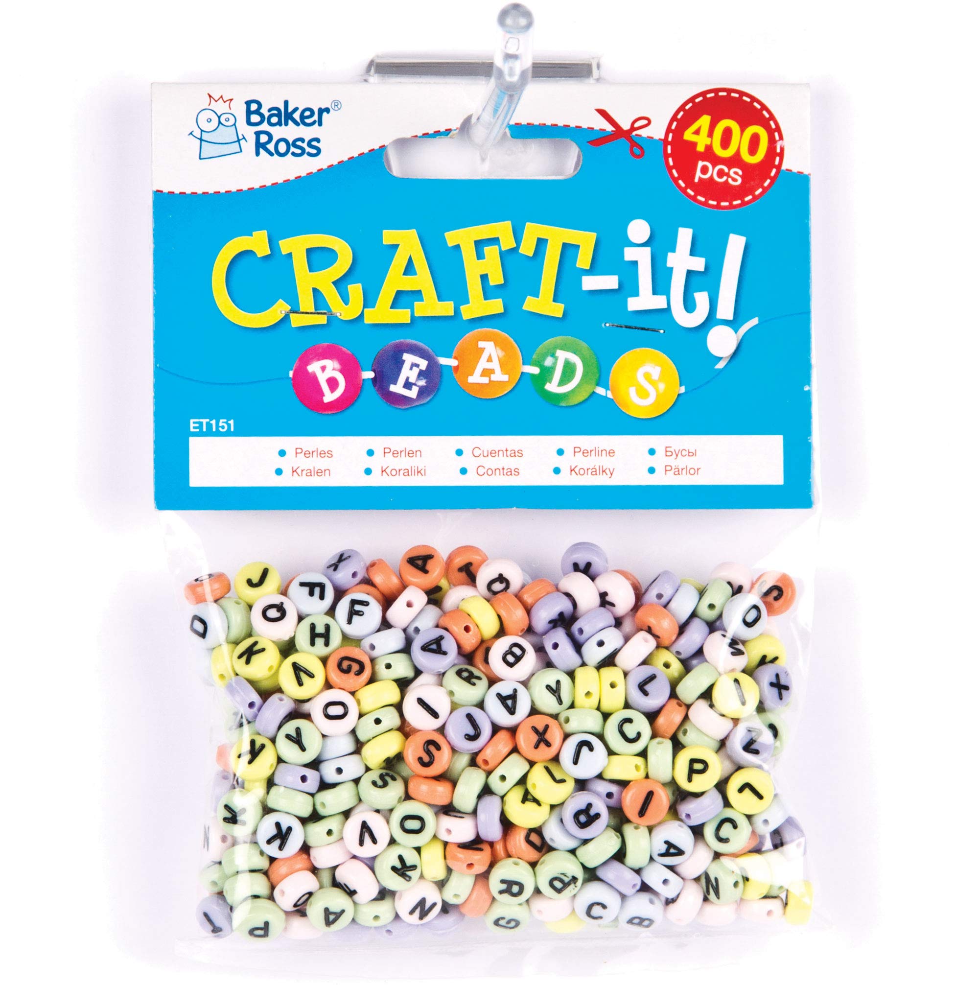 Baker Ross Alphabet Beads, Pony Bead Crafts for Kids Arts and Crafts and Jewelry Making (Pack of 400 Pieces), Assorted, ET151