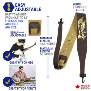 Perri's Leathers, Banjo Flying Eagle Guitar Strap, Polyester and Plastic Combined, Brown, Foil Embosed, Anti-Slip, Classic, Suitable for Each Level, Standard, Compatible with All Button Lock Systems