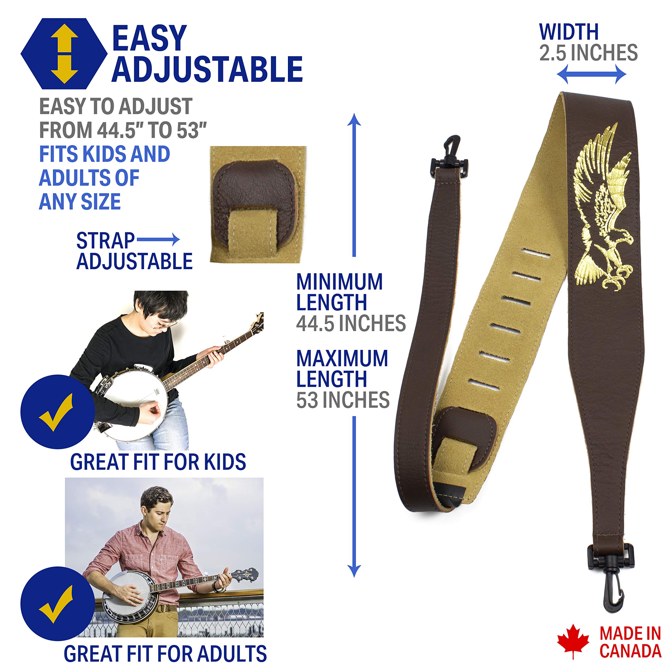 Perri's Leathers, Banjo Flying Eagle Guitar Strap, Polyester and Plastic Combined, Brown, Foil Embosed, Anti-Slip, Classic, Suitable for Each Level, Standard, Compatible with All Button Lock Systems