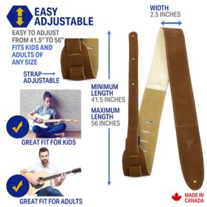 Perri's Leathers, Suede Guitar Strap, Sheepskin Pad, Anti-Slip, Classic, Suitable for Each Level, Standard Size, 41" to 56" Inches Compatible with All Button Lock Systems