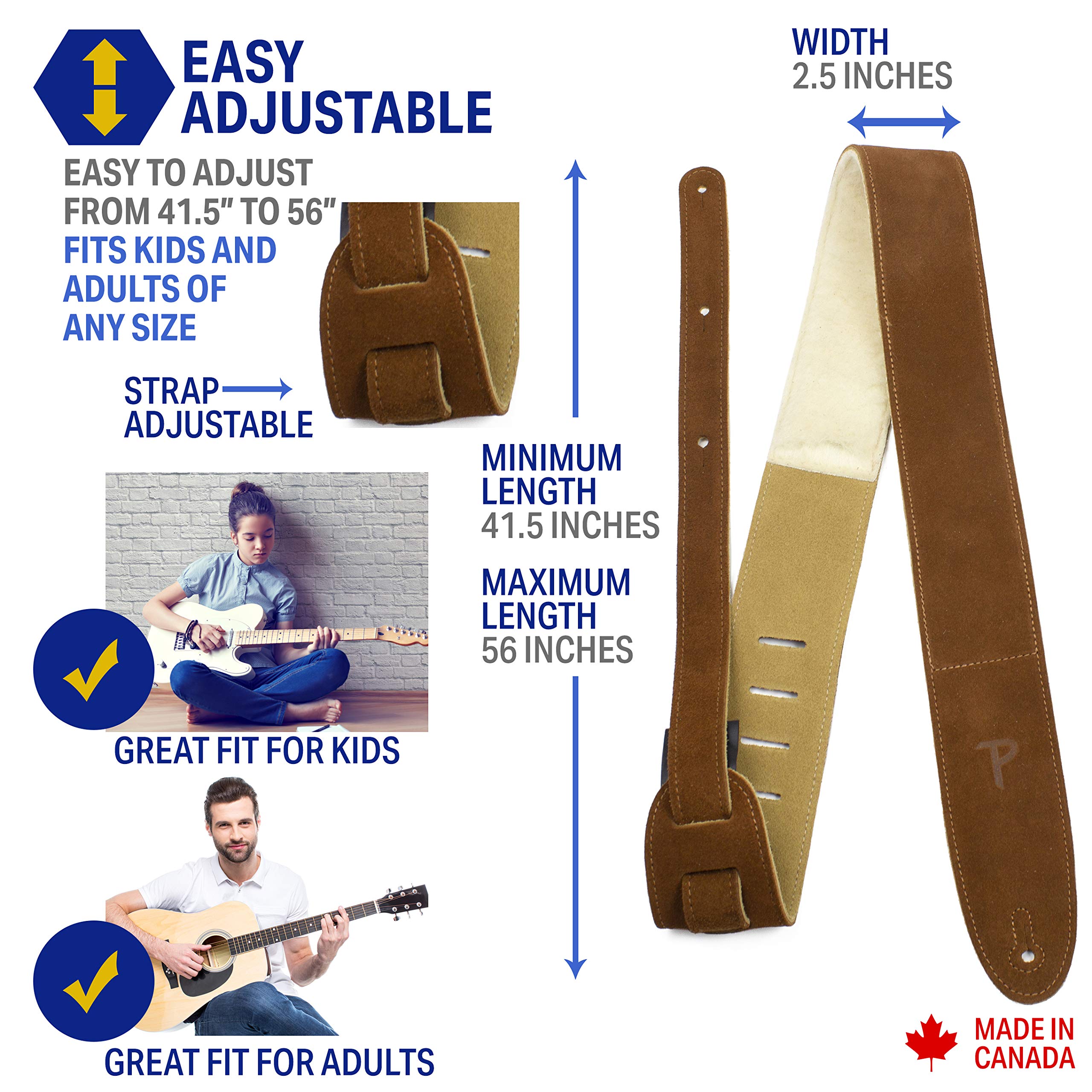 Perri's Leathers, Suede Guitar Strap, Sheepskin Pad, Anti-Slip, Classic, Suitable for Each Level, Standard Size, 41" to 56" Inches Compatible with All Button Lock Systems