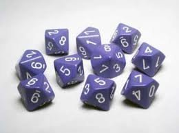 chessex dice sets: opaque purple with white - ten sided die d10 set (10)