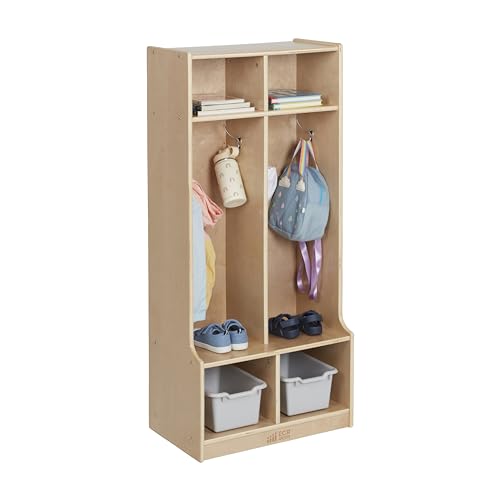 ECR4Kids 2-Section Coat Locker with Bench, Classroom Furniture, Natural