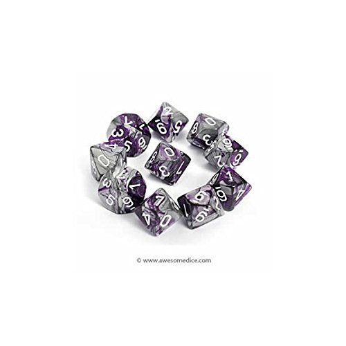 Chessex Dice Sets: Gemini Purple & Steel with White - Ten Sided Die d10 Set (10)