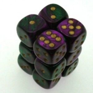 chessex dice d6 sets: gemini green & purple with gold - 16mm six sided die (12) block of dice