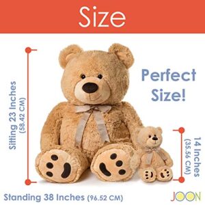 JOON Huge Teddy Bear - 38 Inches, Tan, Fluffy Faux Fur, Ribbon & Bow Signature Footprints- Huggable & Lovable Joy - Ideal Gift for Baby Showers, Loved Ones – Perfect Large Cuddly Plush Toy Companion