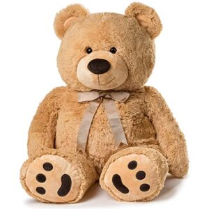 joon huge teddy bear - 38 inches, tan, fluffy faux fur, ribbon & bow signature footprints- huggable & lovable joy - ideal gift for baby showers, loved ones – perfect large cuddly plush toy companion