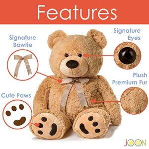 JOON Huge Teddy Bear - 38 Inches, Tan, Fluffy Faux Fur, Ribbon & Bow Signature Footprints- Huggable & Lovable Joy - Ideal Gift for Baby Showers, Loved Ones – Perfect Large Cuddly Plush Toy Companion