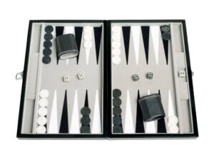 leatherette travel backgammon set - inlaid velvet field, 15-inch, black