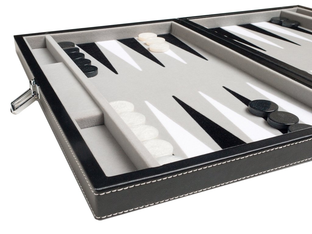 Leatherette Travel Backgammon Set - Inlaid Velvet Field, 15-inch, Black