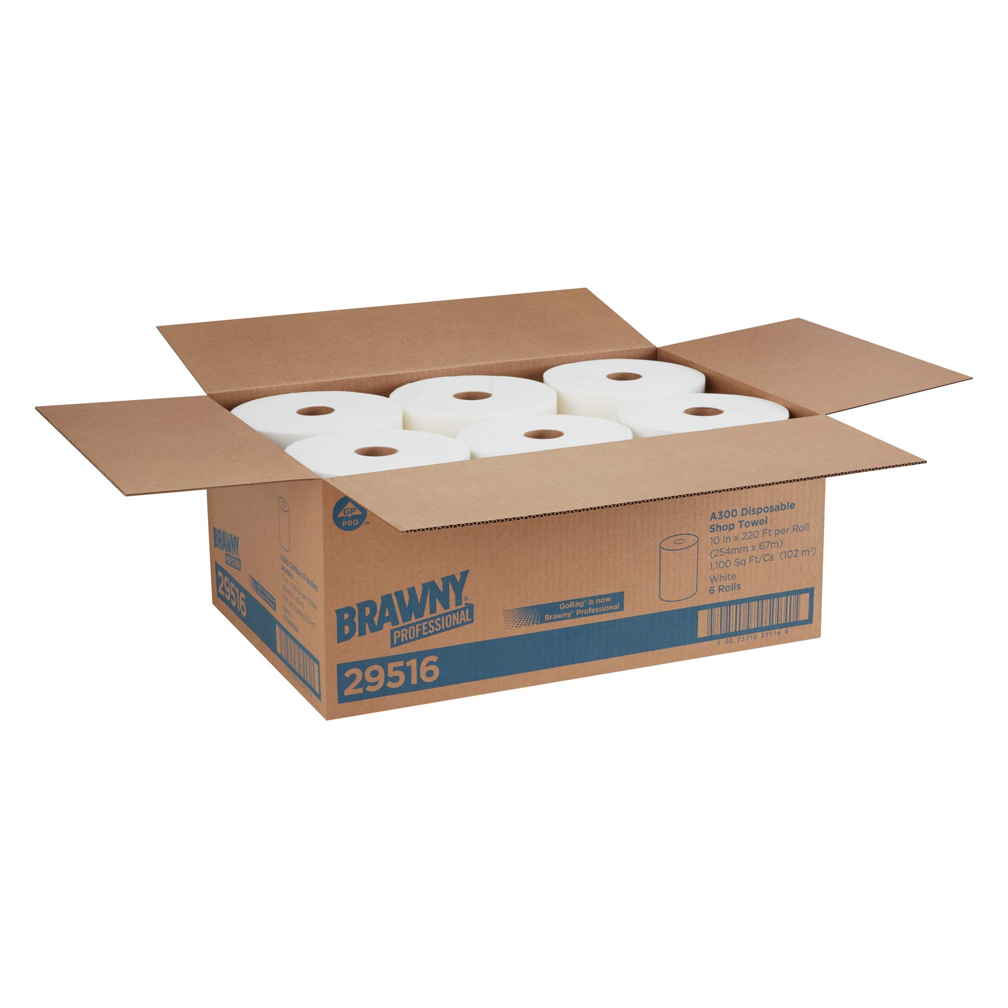 Georgia-Pacific Brawny Professional A300 Disposable Shop Towel Roll Refill 29516, White, 220 Linear Feet per Roll, 6 Rolls per Case