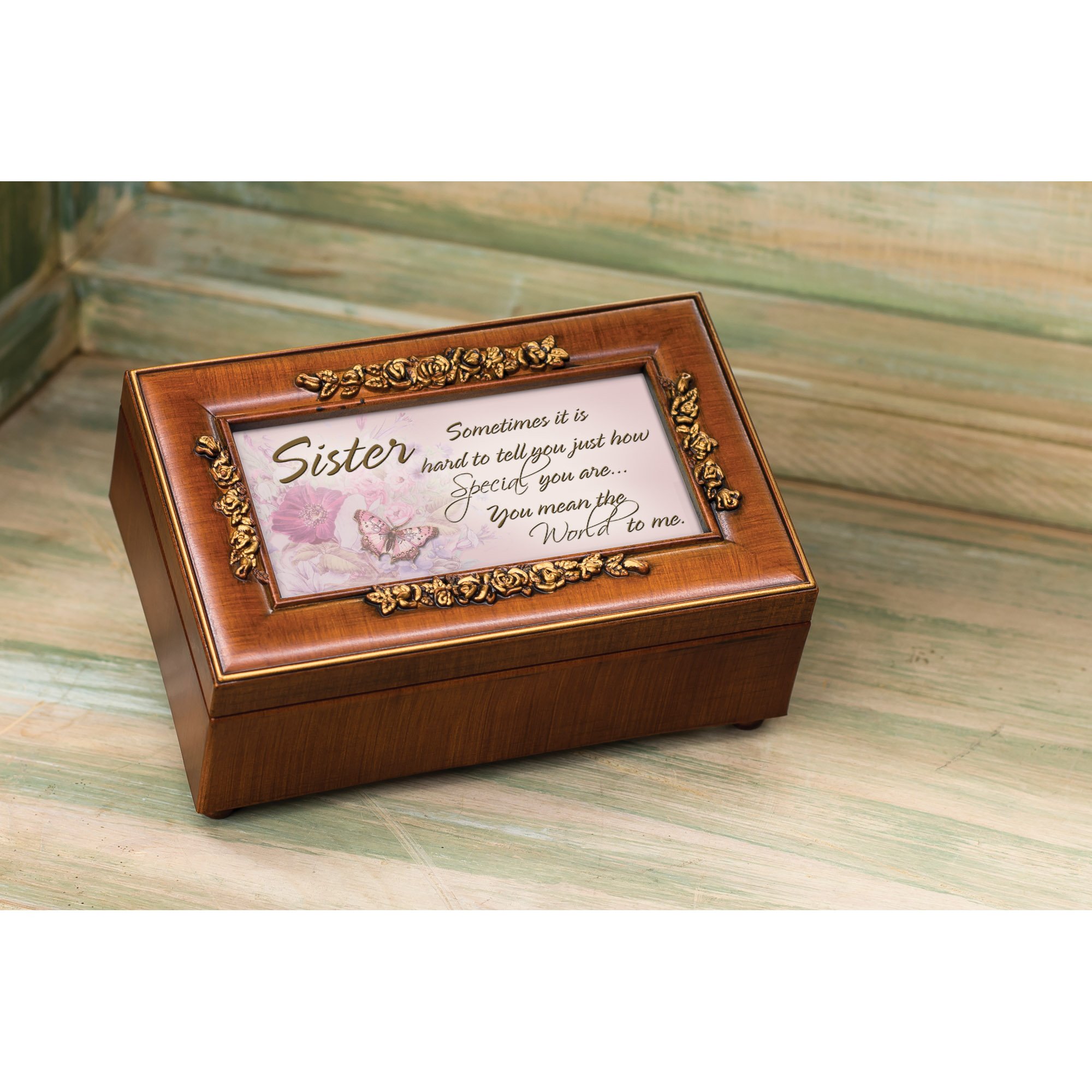 Cottage Garden Sister You Mean The World to Me Woodgrain Embossed Jewelry Music Box Plays What Friends are for