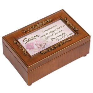 cottage garden sister you mean the world to me woodgrain embossed jewelry music box plays what friends are for