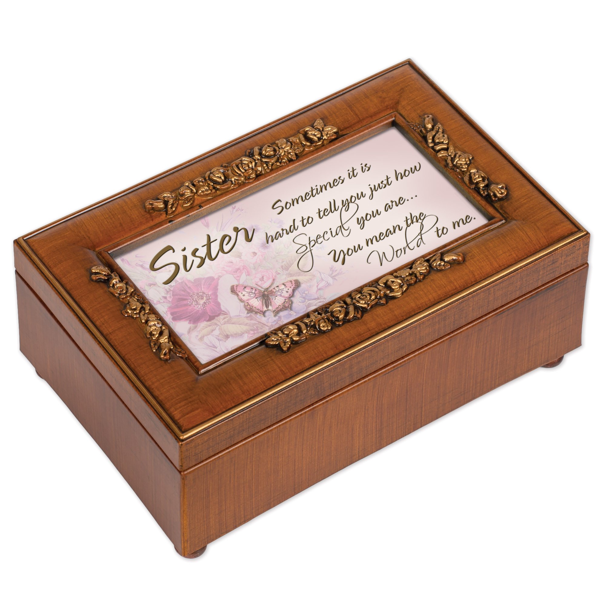 Cottage Garden Sister You Mean The World to Me Woodgrain Embossed Jewelry Music Box Plays What Friends are for