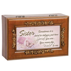 Cottage Garden Sister You Mean The World to Me Woodgrain Embossed Jewelry Music Box Plays What Friends are for