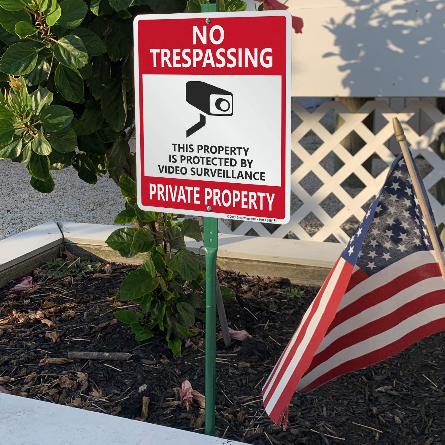 SmartSign "No Trespassing - This Property Is Protected By Video Surveillance, Private Property" LawnBoss® Sign | 10" x 12" Aluminum Sign With 3' Stake