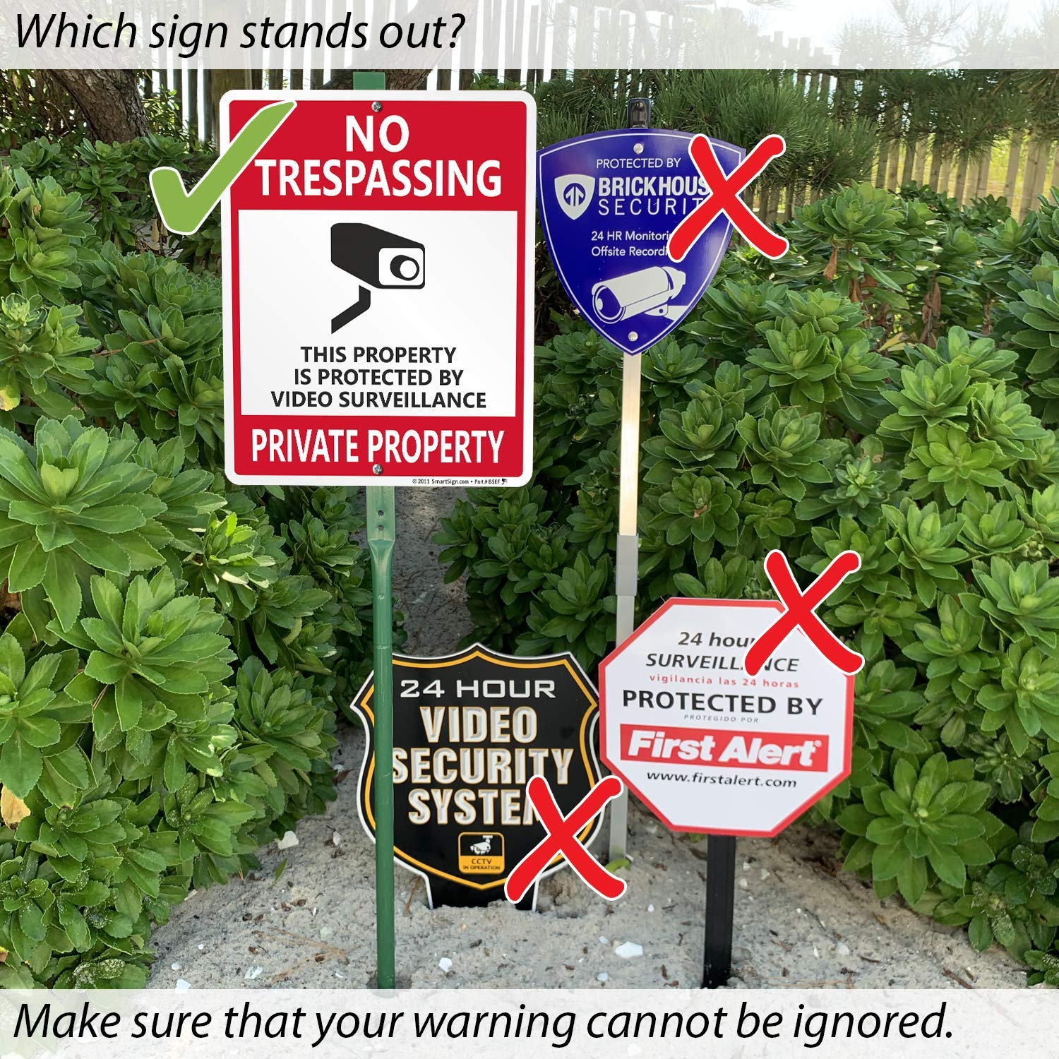 SmartSign "No Trespassing - This Property Is Protected By Video Surveillance, Private Property" LawnBoss® Sign | 10" x 12" Aluminum Sign With 3' Stake