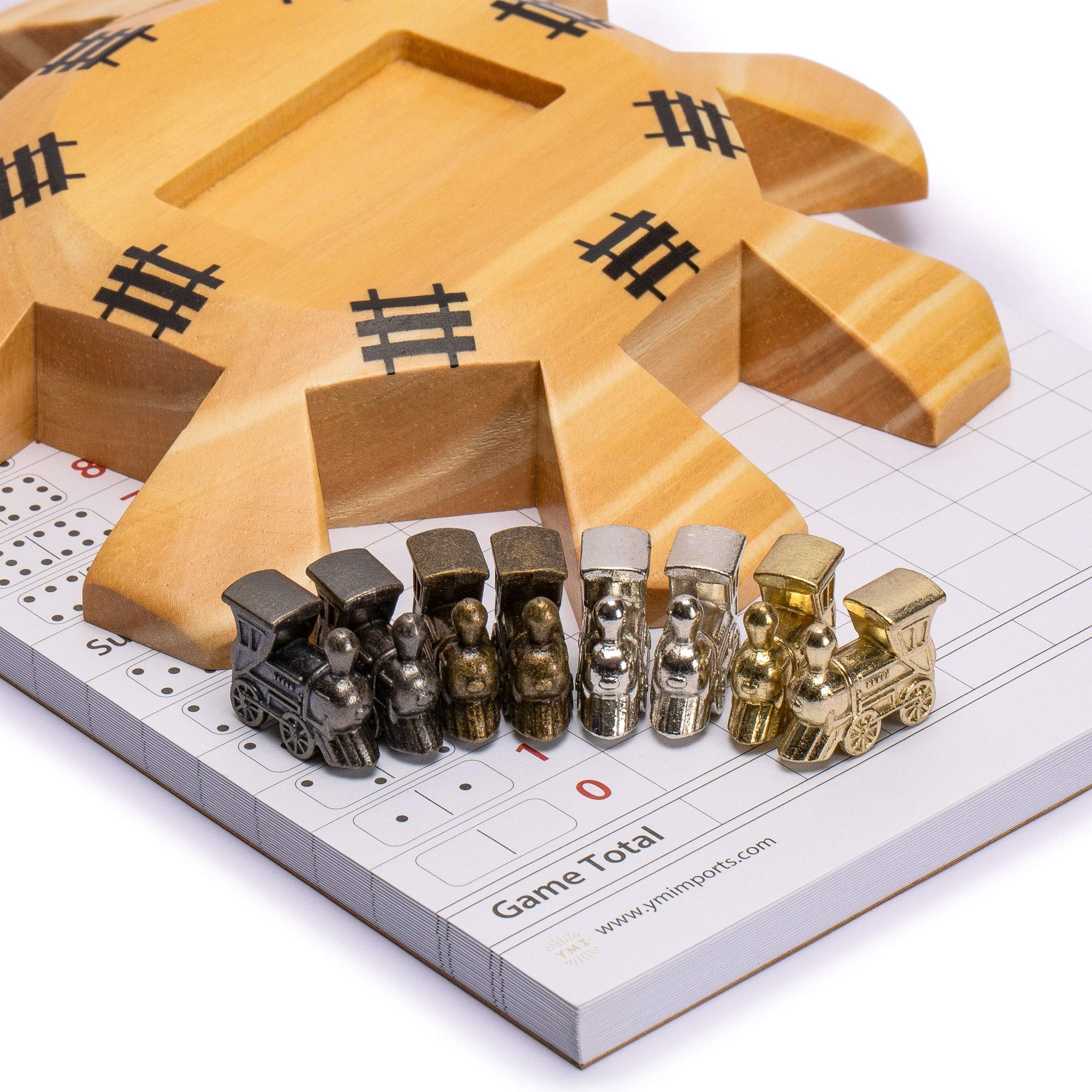 Yellow Mountain Imports Mexican Train Dominoes Accessory Set (5.8-Inch Wooden Hub Centerpiece, Die-Cast Metal Train Markers, and 60-Sheet Scorepad)