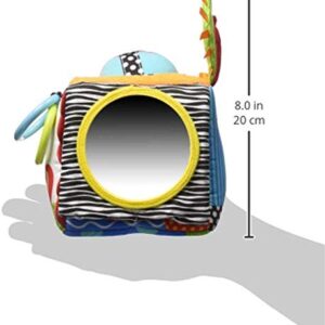 Infantino Peek & Seek Discovery Cube - Soft Development Toy, Peek-A-Boo Mirror, Clacker Rings, Crinkle & Rattle Sounds - Sensory Play, Ages 3 Months +