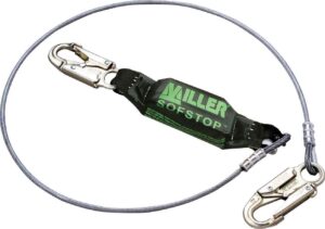 miller by honeywell 907nls/4ftyl 5-feet vinyl-coated wire rope lanyard with sofstop shock absorber and two locking snap hooks, yellow