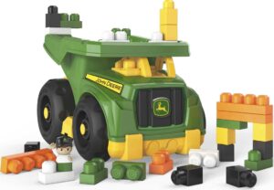 mega bloks john deere toddler building blocks toy set, dump truck with 25 pieces and storage, 1 figure, green, ages 1+ years