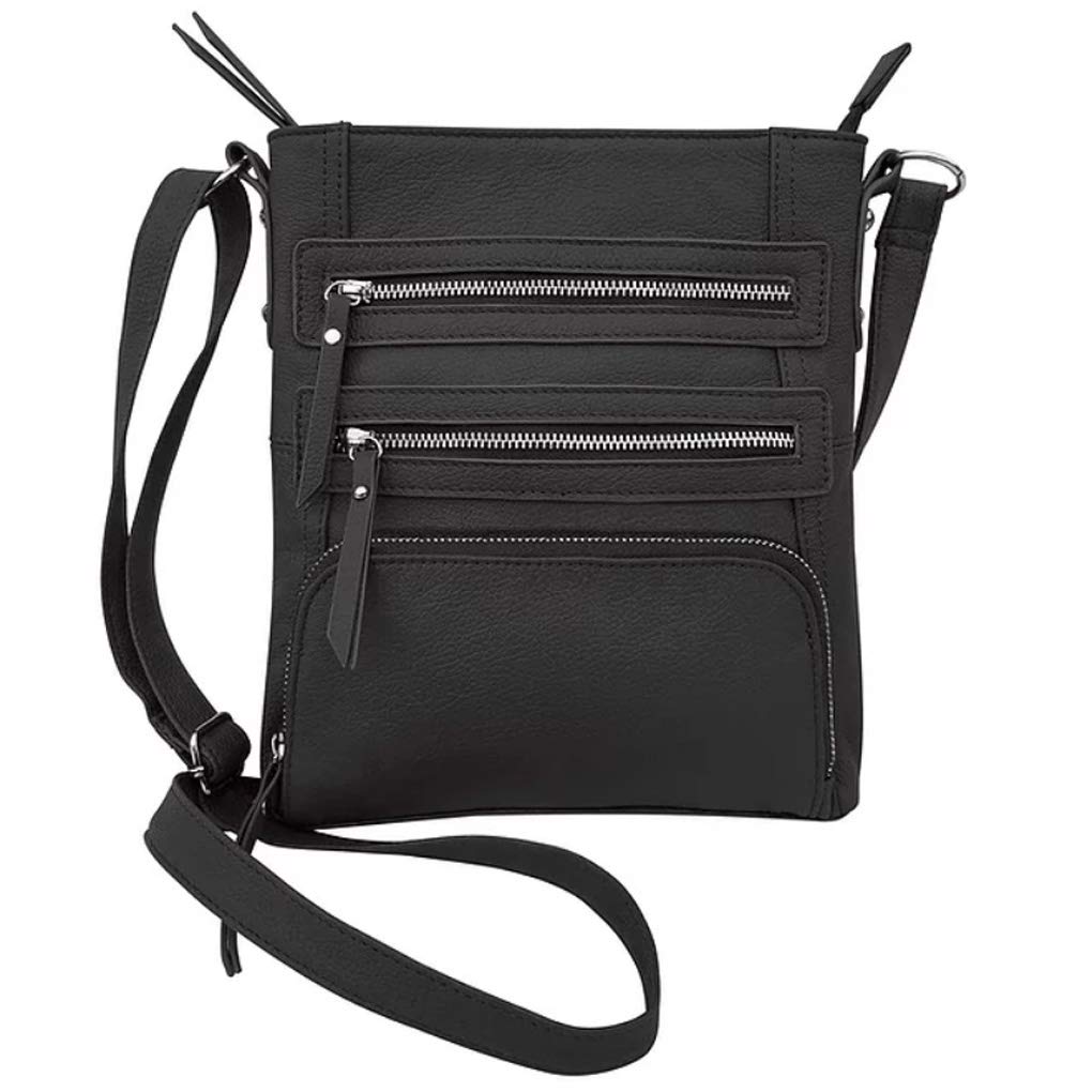 Silver Fever Genuine Leather Buckled Sides Cross Body Handbag Purse (Black)