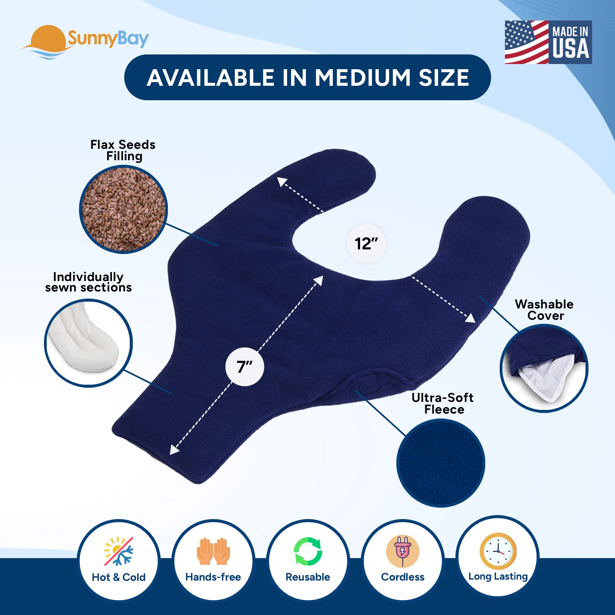 SunnyBay Shoulder and Upper Back Heating Pad, Microwavable Heated Neck and Shoulder Wrap, Weighted Moist Pain Relief Pack with Washable Cover and Flax Seed Filling, Medium, Navy Blue