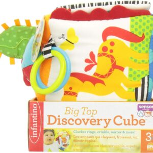 Infantino Peek & Seek Discovery Cube - Soft Development Toy, Peek-A-Boo Mirror, Clacker Rings, Crinkle & Rattle Sounds - Sensory Play, Ages 3 Months +