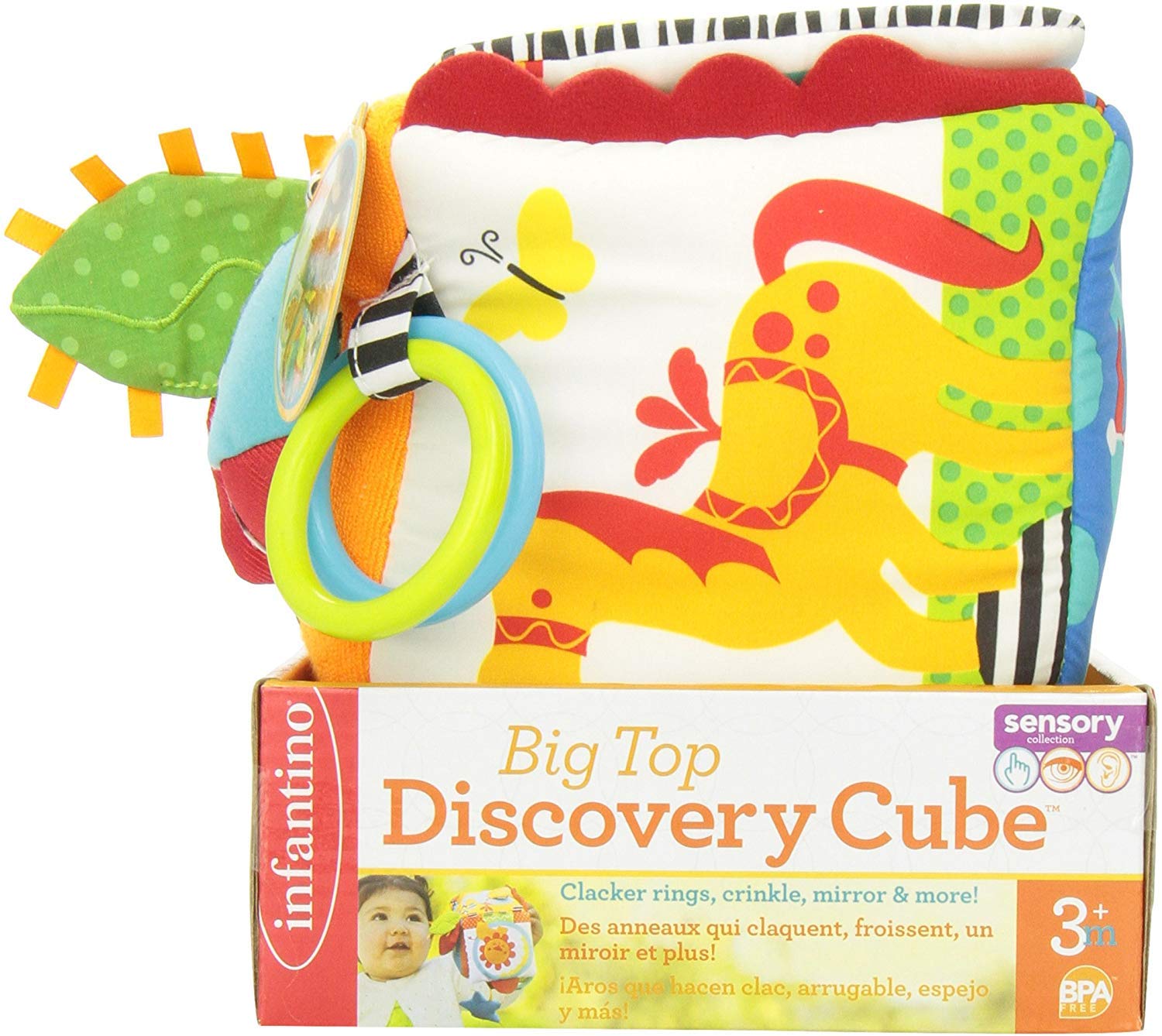 Infantino Peek & Seek Discovery Cube - Soft Development Toy, Peek-A-Boo Mirror, Clacker Rings, Crinkle & Rattle Sounds - Sensory Play, Ages 3 Months +