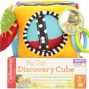 Infantino Peek & Seek Discovery Cube - Soft Development Toy, Peek-A-Boo Mirror, Clacker Rings, Crinkle & Rattle Sounds - Sensory Play, Ages 3 Months +