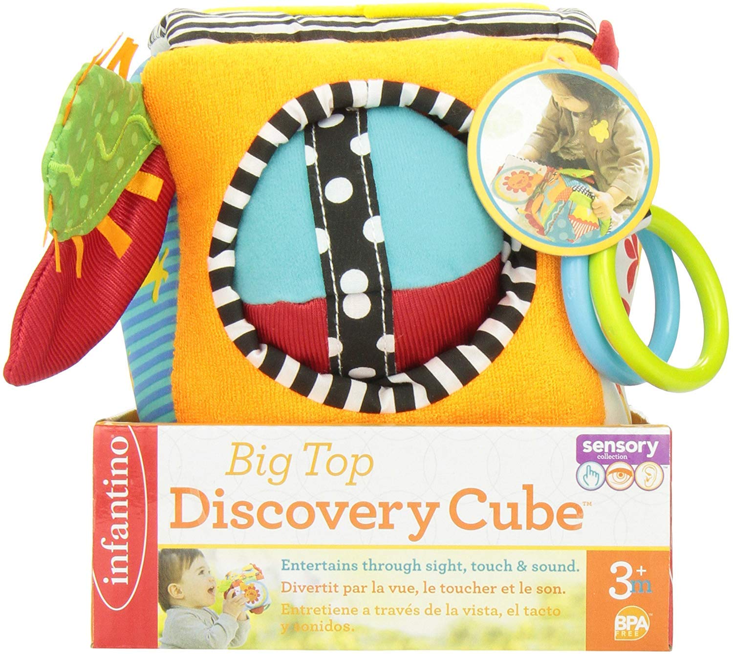 Infantino Peek & Seek Discovery Cube - Soft Development Toy, Peek-A-Boo Mirror, Clacker Rings, Crinkle & Rattle Sounds - Sensory Play, Ages 3 Months +