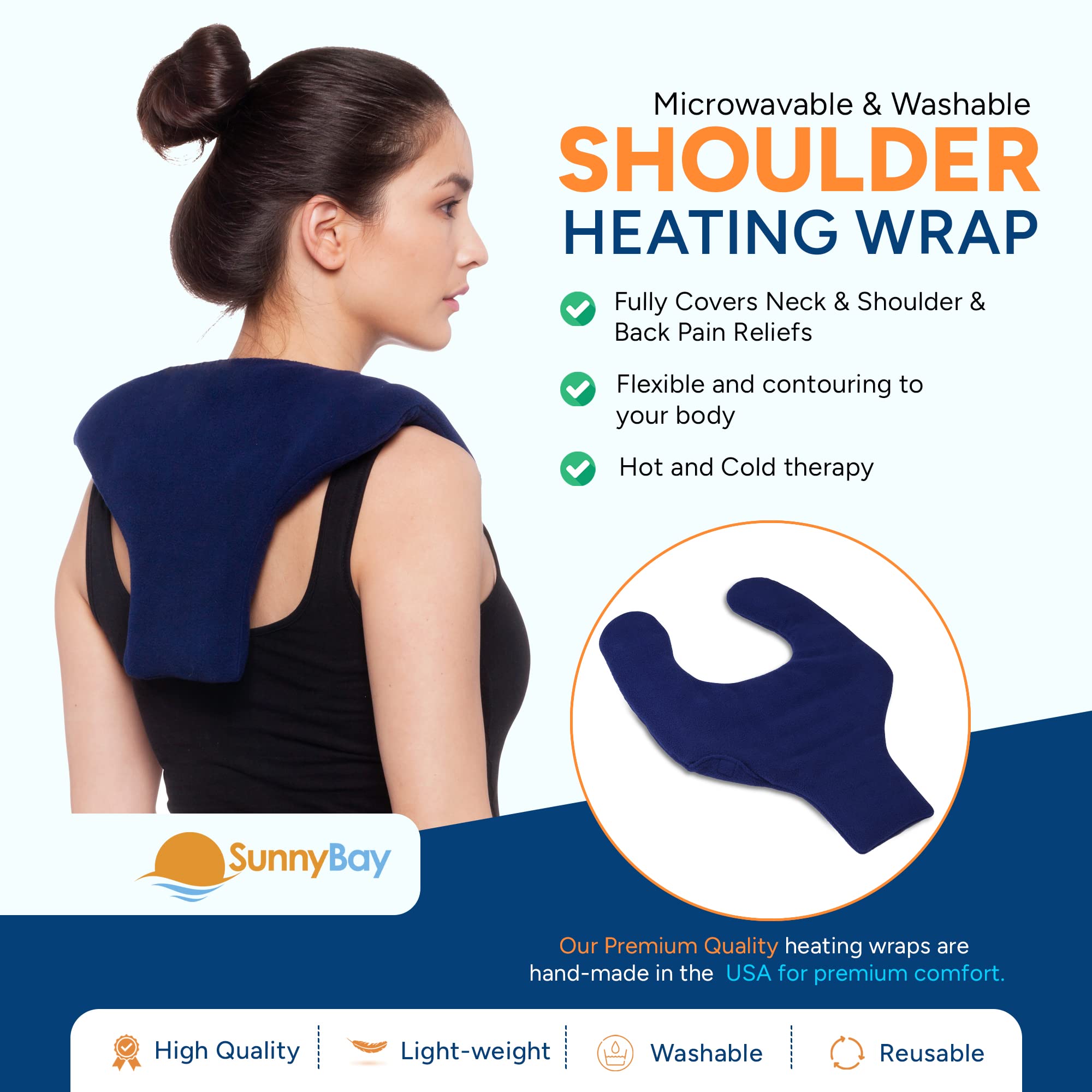 SunnyBay Shoulder and Upper Back Heating Pad, Microwavable Heated Neck and Shoulder Wrap, Weighted Moist Pain Relief Pack with Washable Cover and Flax Seed Filling, Medium, Navy Blue