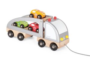 janod wooden multi car carrier truck pull toy - ages 2+ - j05603