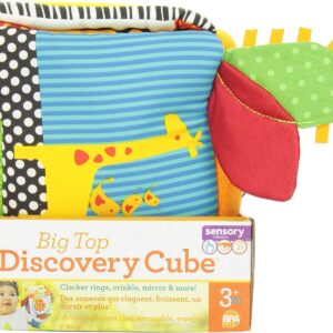 Infantino Peek & Seek Discovery Cube - Soft Development Toy, Peek-A-Boo Mirror, Clacker Rings, Crinkle & Rattle Sounds - Sensory Play, Ages 3 Months +