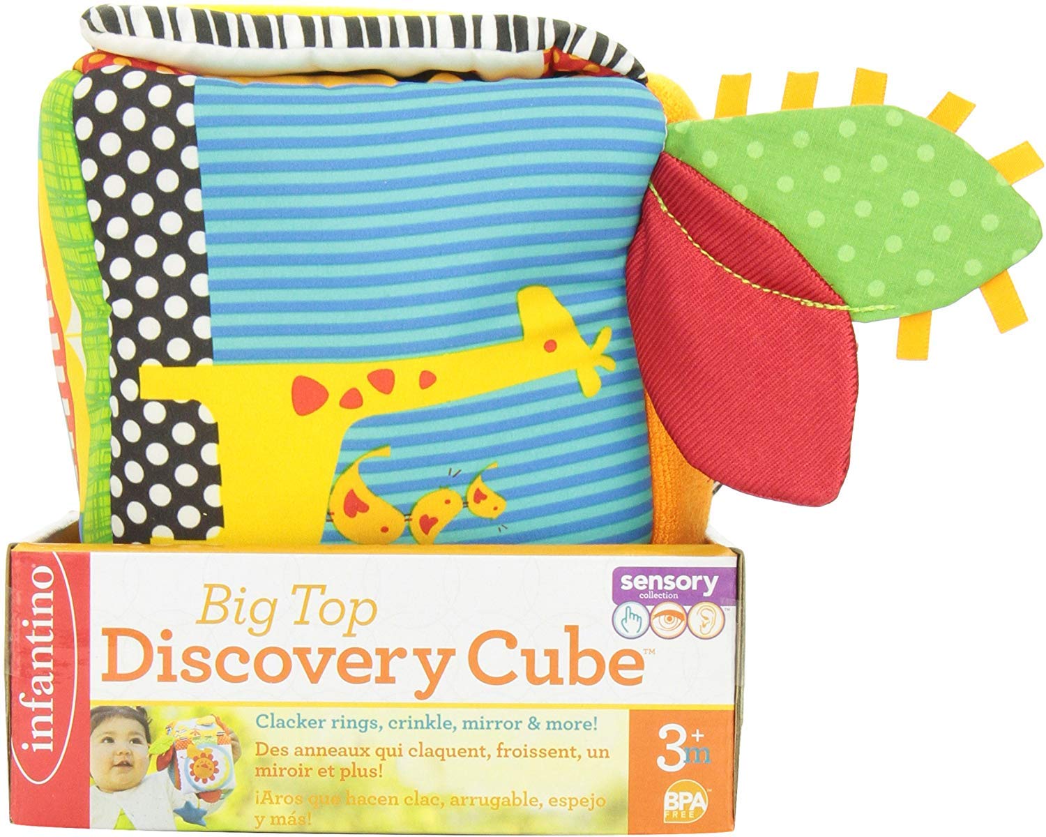 Infantino Peek & Seek Discovery Cube - Soft Development Toy, Peek-A-Boo Mirror, Clacker Rings, Crinkle & Rattle Sounds - Sensory Play, Ages 3 Months +