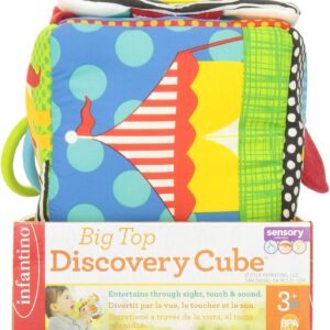 Infantino Peek & Seek Discovery Cube - Soft Development Toy, Peek-A-Boo Mirror, Clacker Rings, Crinkle & Rattle Sounds - Sensory Play, Ages 3 Months +