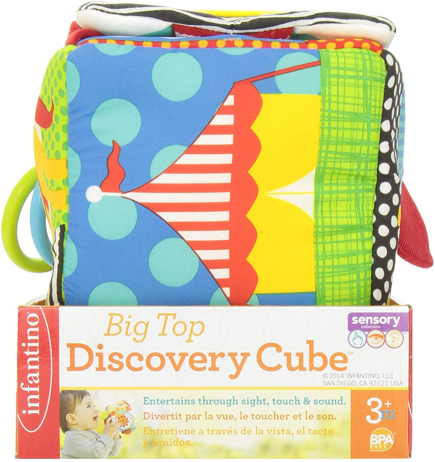 Infantino Peek & Seek Discovery Cube - Soft Development Toy, Peek-A-Boo Mirror, Clacker Rings, Crinkle & Rattle Sounds - Sensory Play, Ages 3 Months +