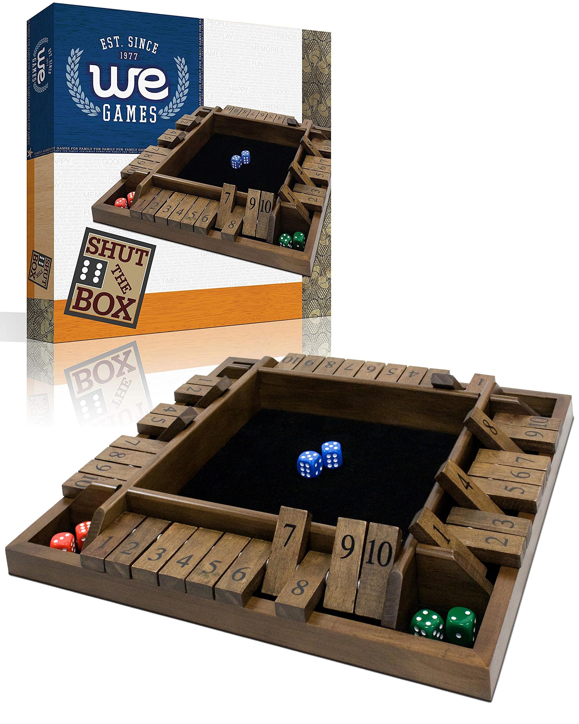 WE Games 14 inch 1-4 Player Shut The Box Wooden Board Game, Walnut Stain