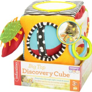 Infantino Peek & Seek Discovery Cube - Soft Development Toy, Peek-A-Boo Mirror, Clacker Rings, Crinkle & Rattle Sounds - Sensory Play, Ages 3 Months +