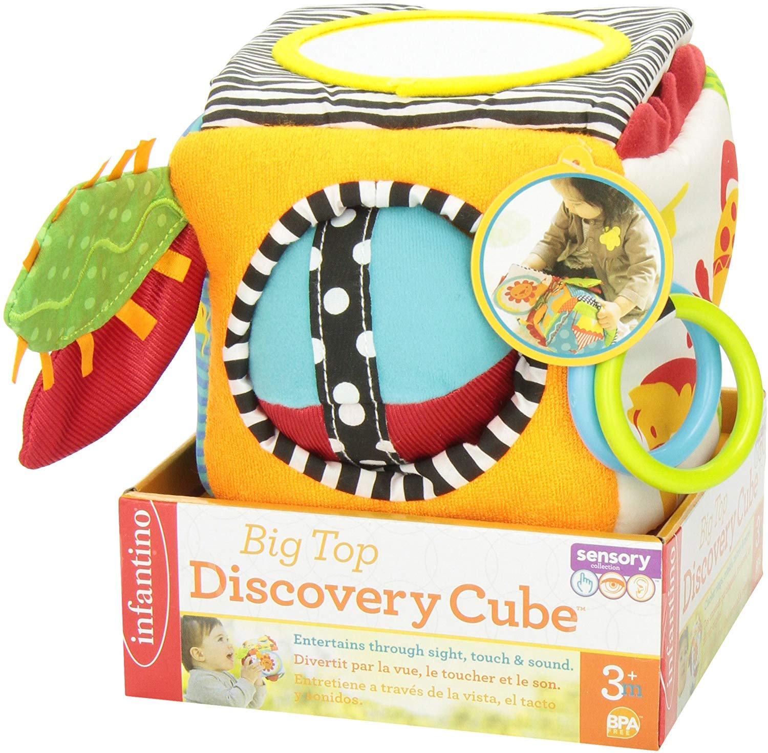 Infantino Peek & Seek Discovery Cube - Soft Development Toy, Peek-A-Boo Mirror, Clacker Rings, Crinkle & Rattle Sounds - Sensory Play, Ages 3 Months +