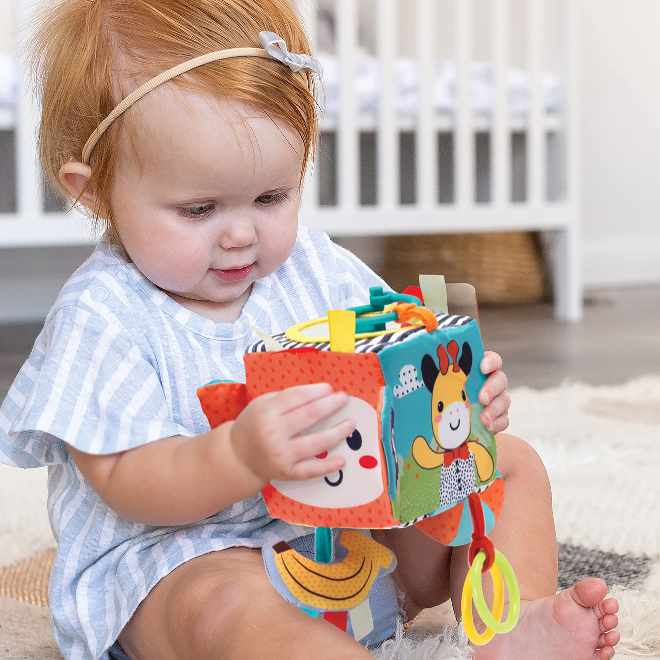 Infantino Peek & Seek Discovery Cube - Soft Development Toy, Peek-A-Boo Mirror, Clacker Rings, Crinkle & Rattle Sounds - Sensory Play, Ages 3 Months +