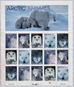 usps arctic animals (arctic hare, arctic fox, snowy owl, polar bear, and gray wolf) (sheet of 15) 33 cent postage stamps 1999 scott #3288-3292