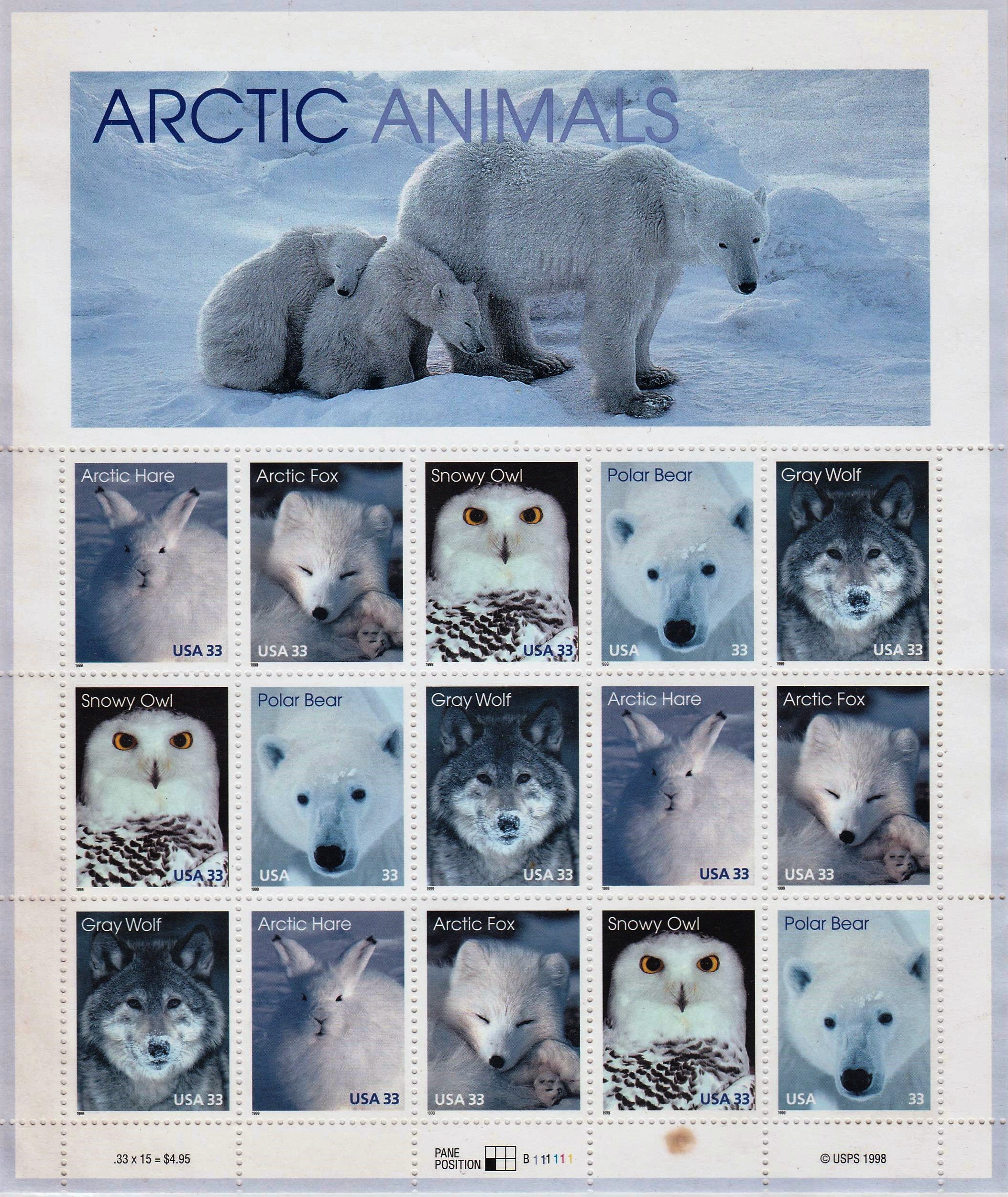 USPS Arctic Animals (Arctic Hare, Arctic Fox, Snowy Owl, Polar Bear, and Gray Wolf) (Sheet of 15) 33 Cent Postage Stamps 1999 Scott #3288-3292