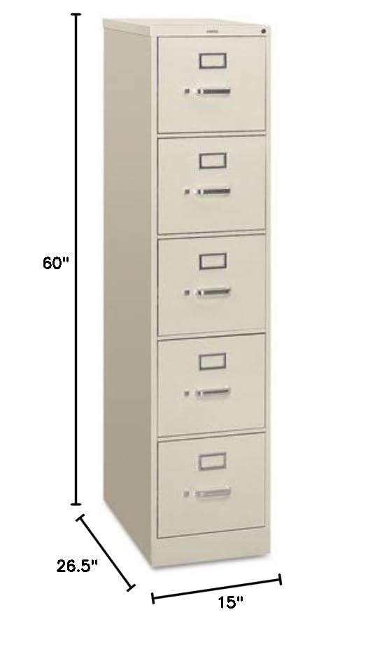 HON 310 Series Vertical File With Lock - 15" x 26.5" x 60" - Metal - 5 x File Drawer(s) - Letter - Security Lock, Rust Resistant - Light Gray